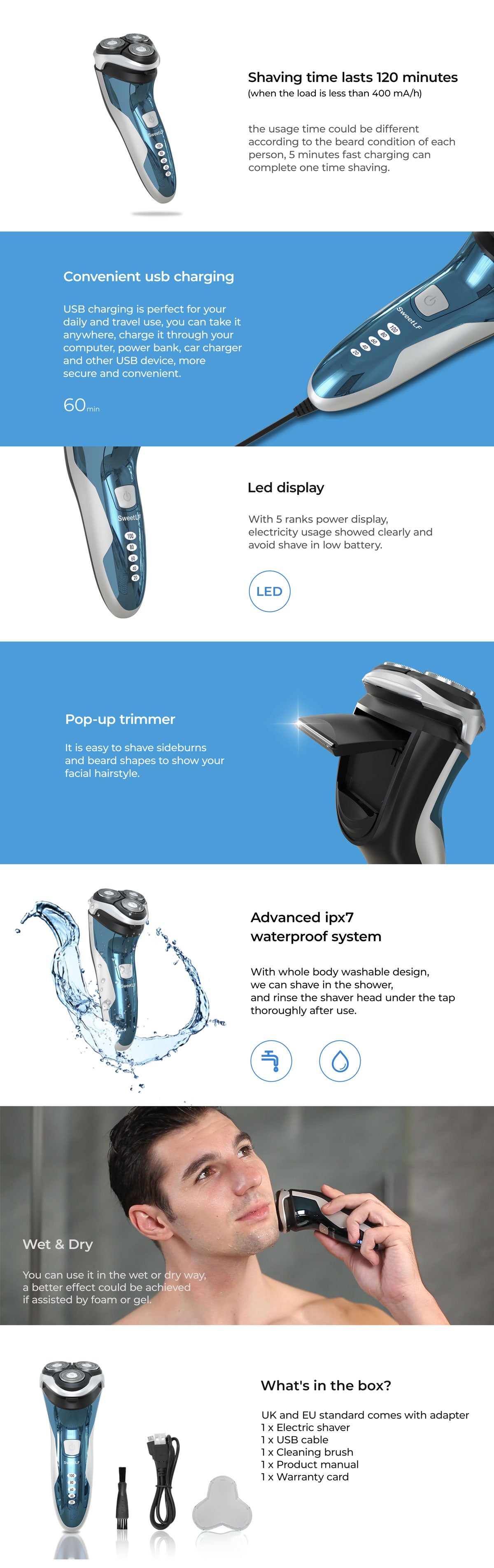 SweetLF Wet And Dry Electric Shaver For Men SWS7105 Blue